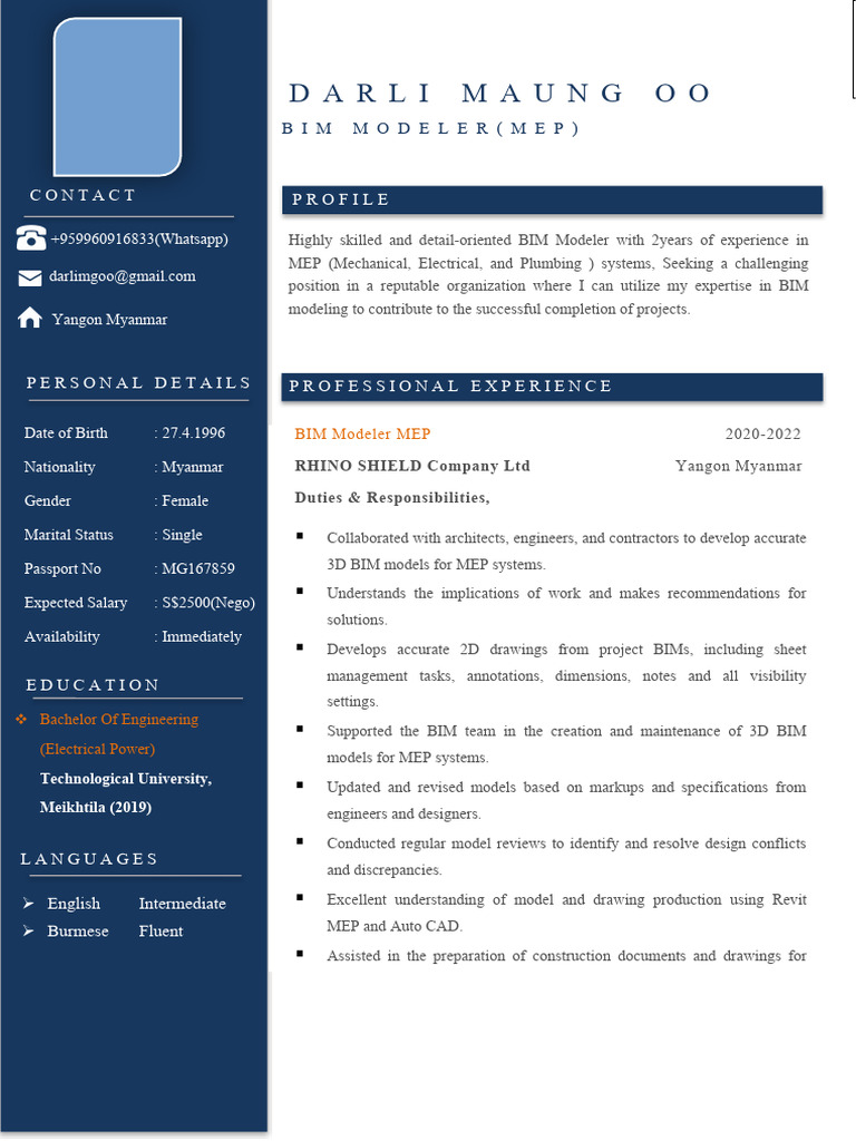 Darli Maung Oo CCB46 Resume | PDF | Art | Computers