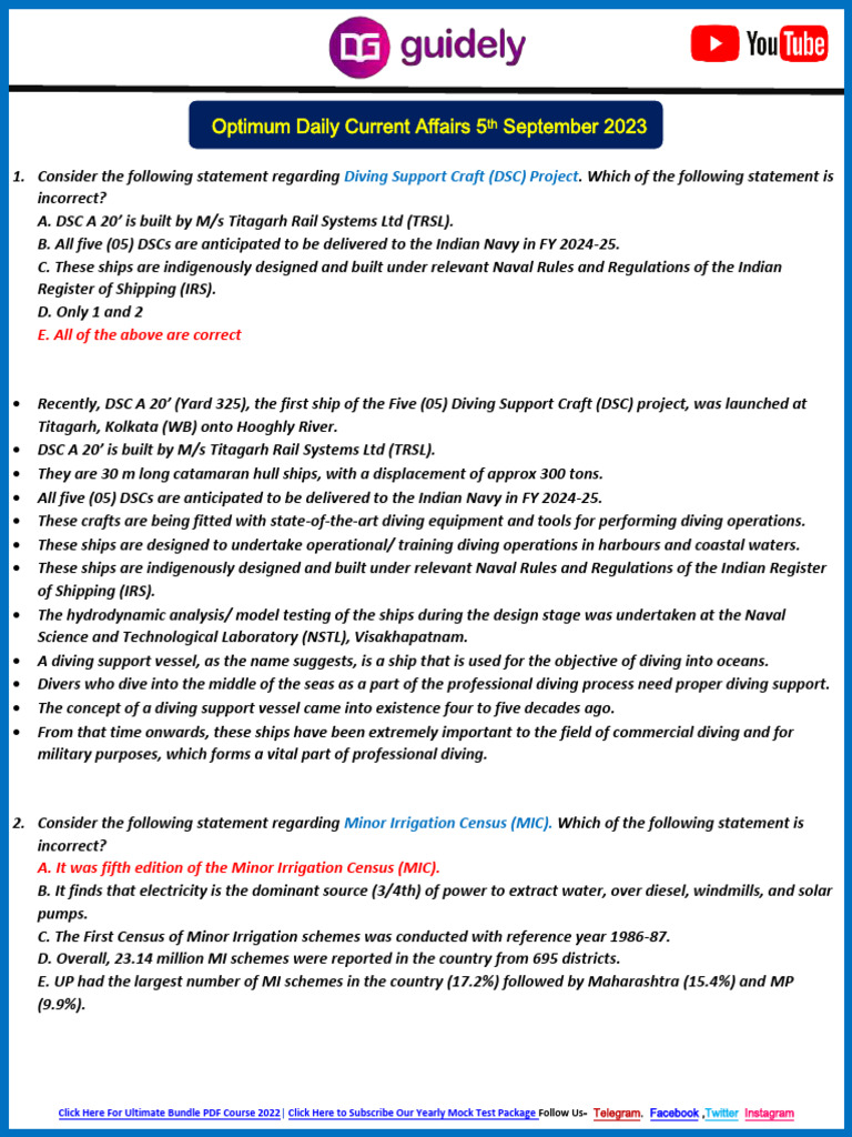 Optimum Daily Current Affairs 5 September 2023: Diving Support Craft ...