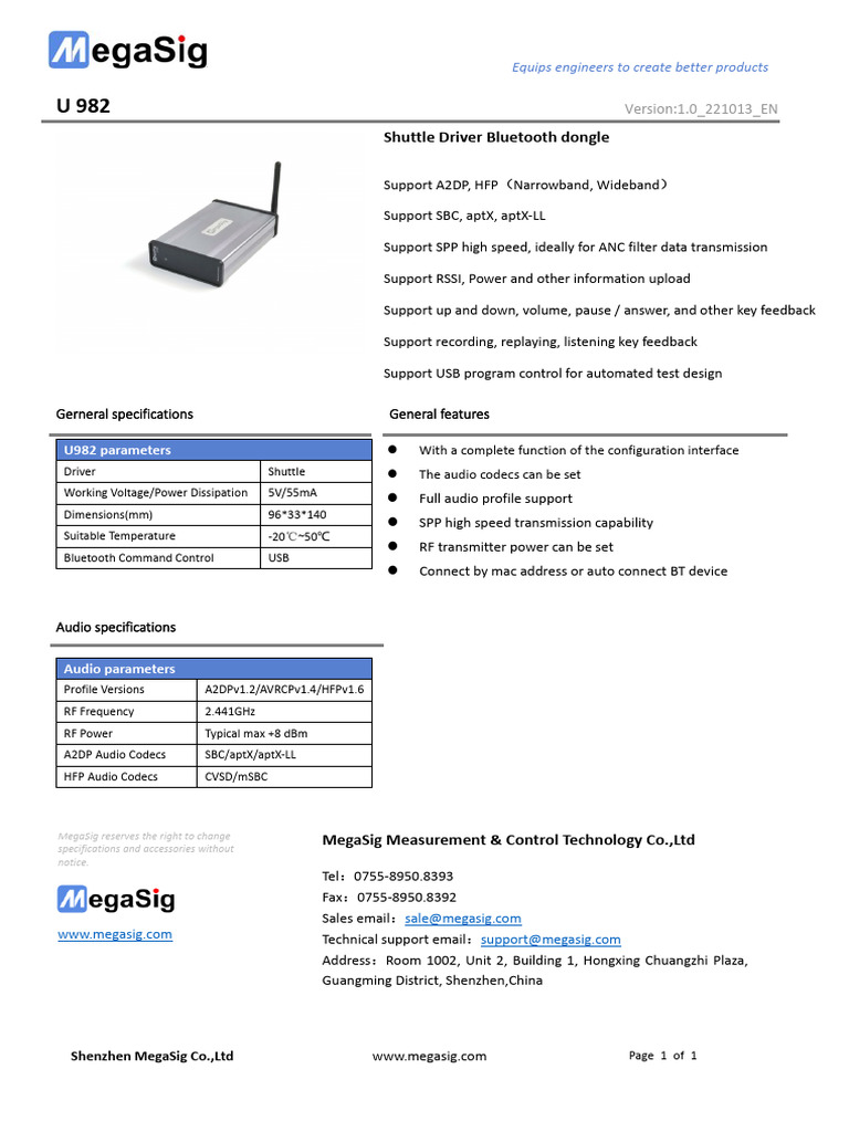 MegaSig U 982 DataSheet - EN-20221013 | PDF | Bluetooth | Electronics