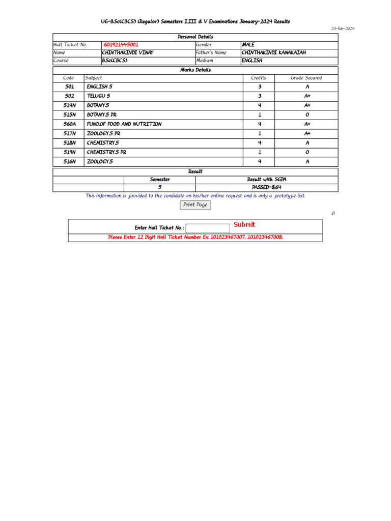Vinay Result 5th | PDF | Course Credit | Academia