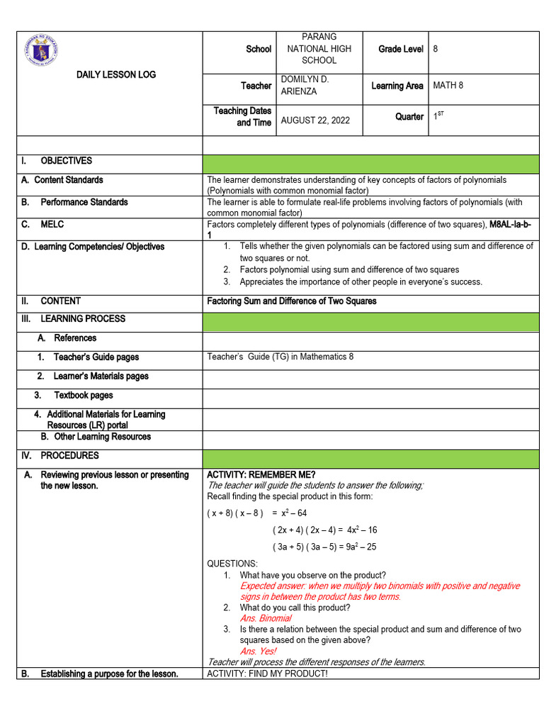 DLL Math 8 Q1 W1 D2 | PDF | Factorization | Learning