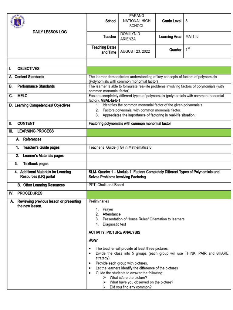 DLL Math 8 Q1 W1 D1 | PDF | Factorization | Learning
