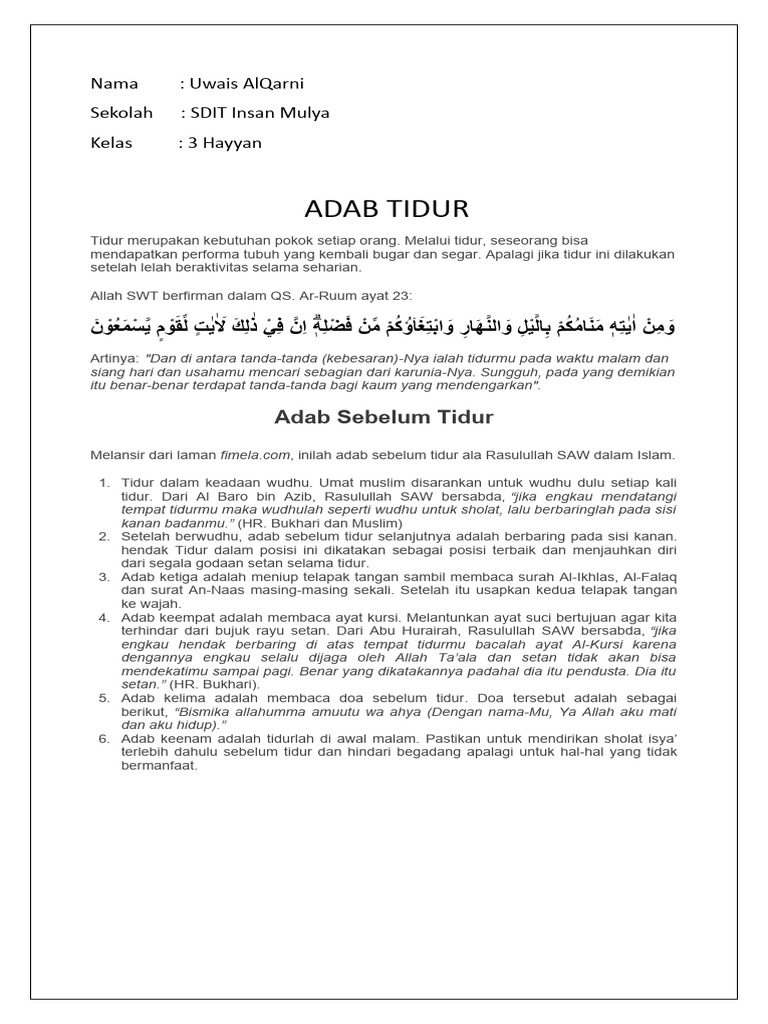 Kultum Adab Tidur - Uwais Alqarni | PDF | Agama & Spiritualitas