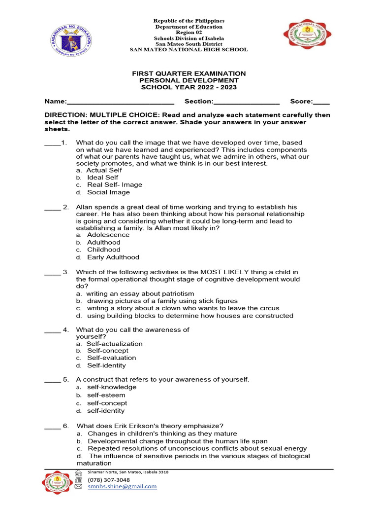 1ST Quarter Exam Perdev | PDF