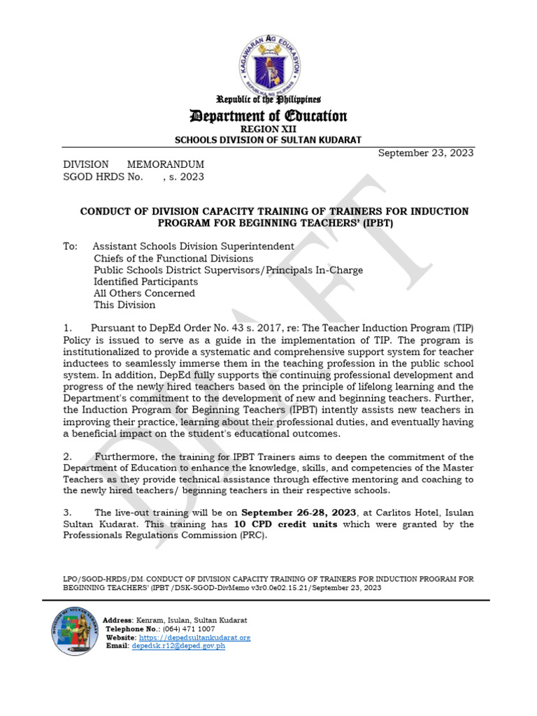 Draft Conduct Division Capacity Training of Trainers For Induction ...