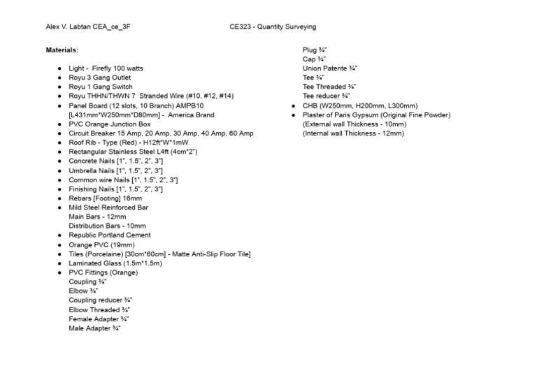 Quantity Surveying Materials List | PDF