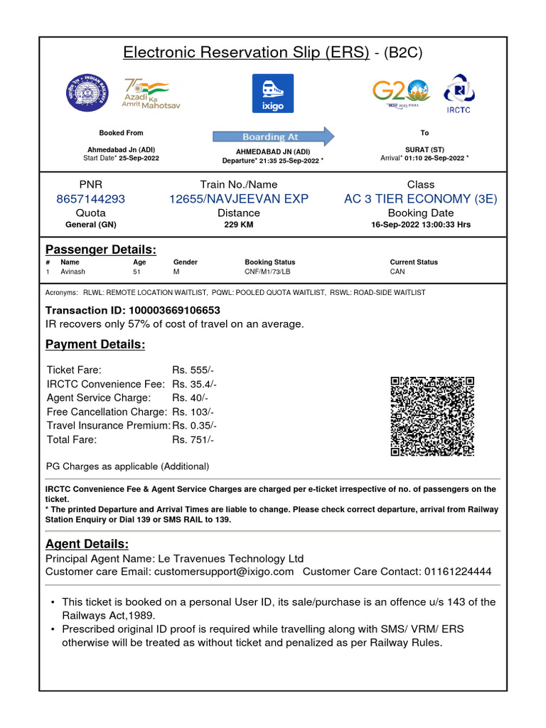Electronic Reservation Slip (ERS) : 8657144293 12655/navjeevan Exp Ac 3 ...
