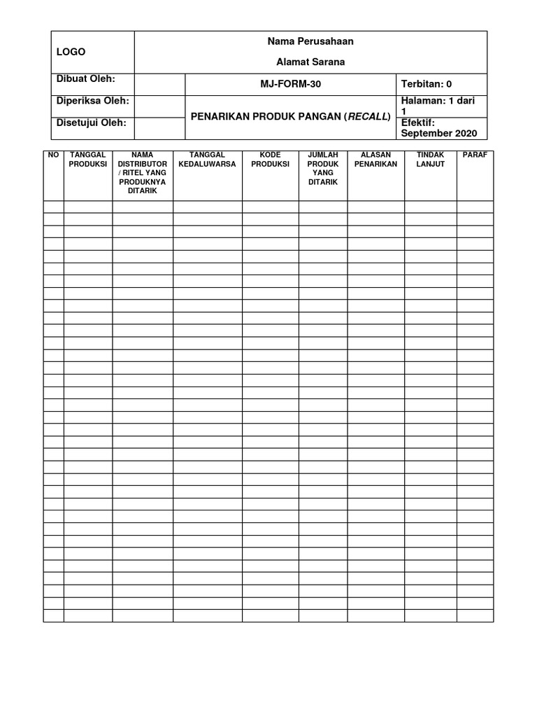 FORM-30-Formulir Penarikan Produk Pangan (Recall) | PDF