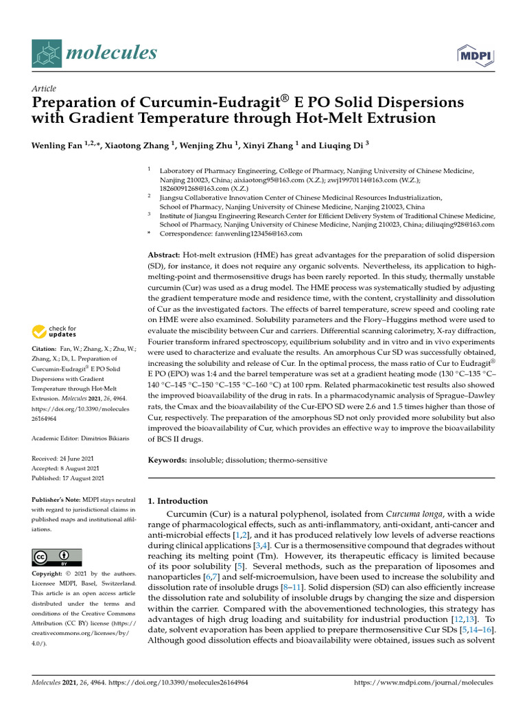 Preparation of Curcumin-EudragitR E PO Solid Dispe | PDF | Solubility ...