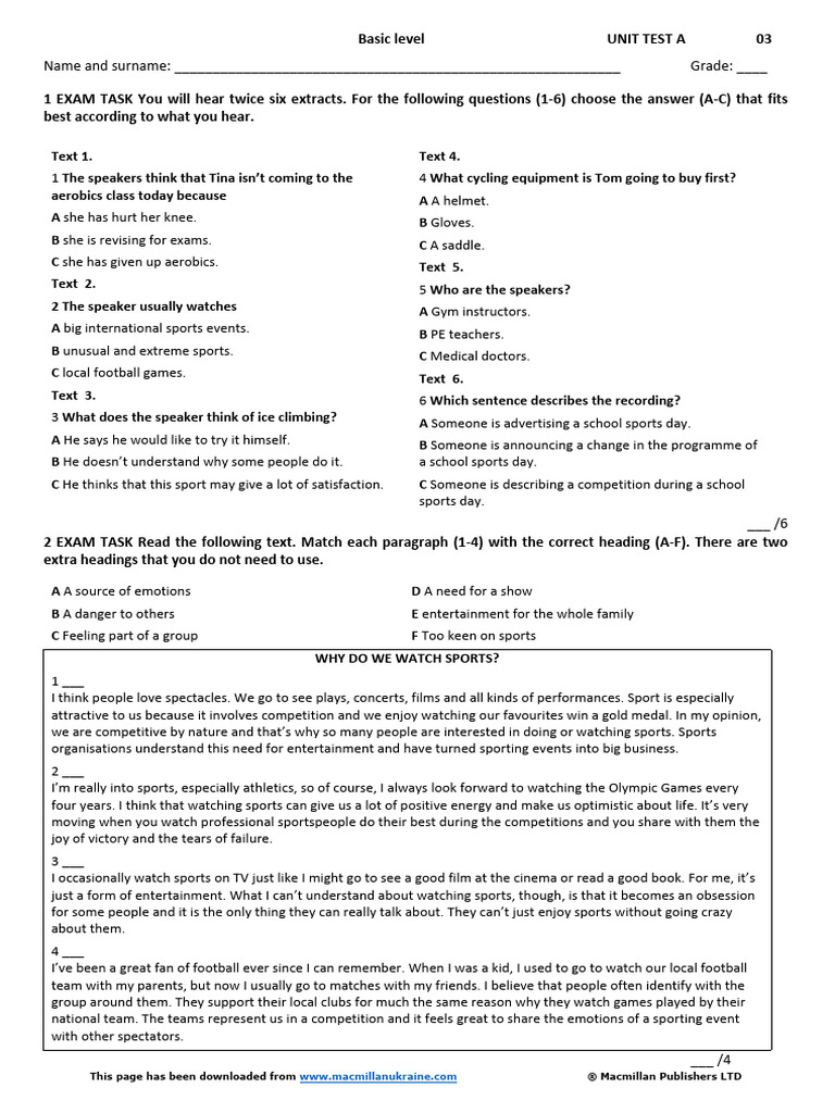 Unit Test 3A Basic Level | PDF | Sports