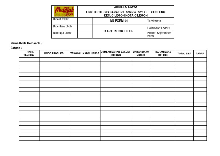 Contoh Form Checklist Stok Telur | PDF