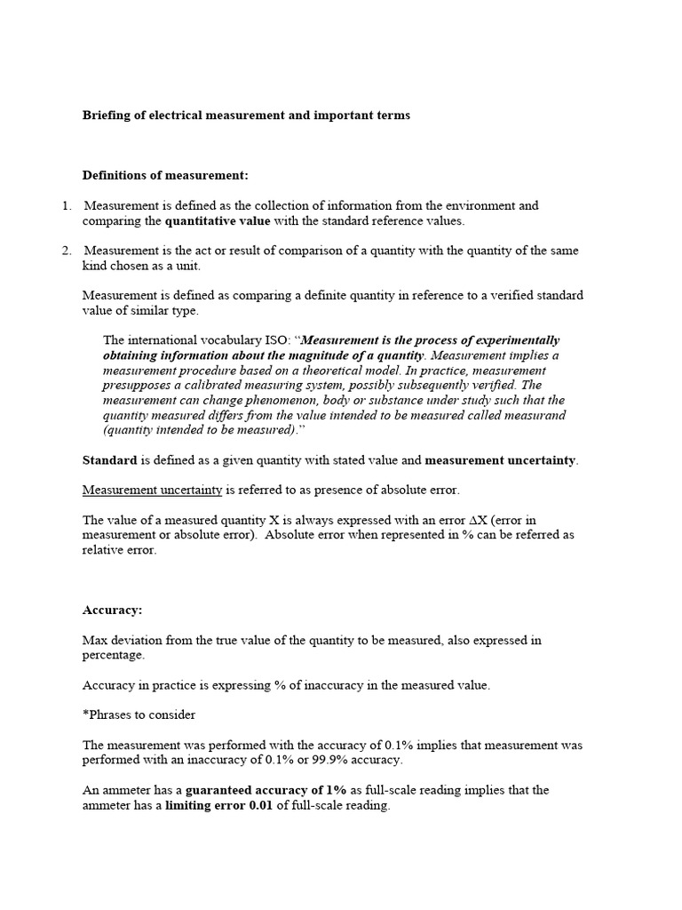 Electrical Measurement Brief Pdf Observational Error Accuracy And Precision