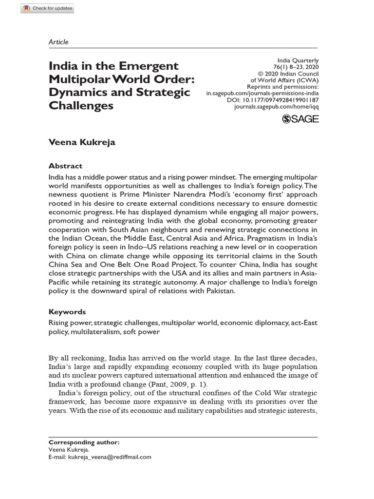 India in The Emergent Multipolar World Order: Dynamics and Strategic Challenges | PDF | Polarity ...