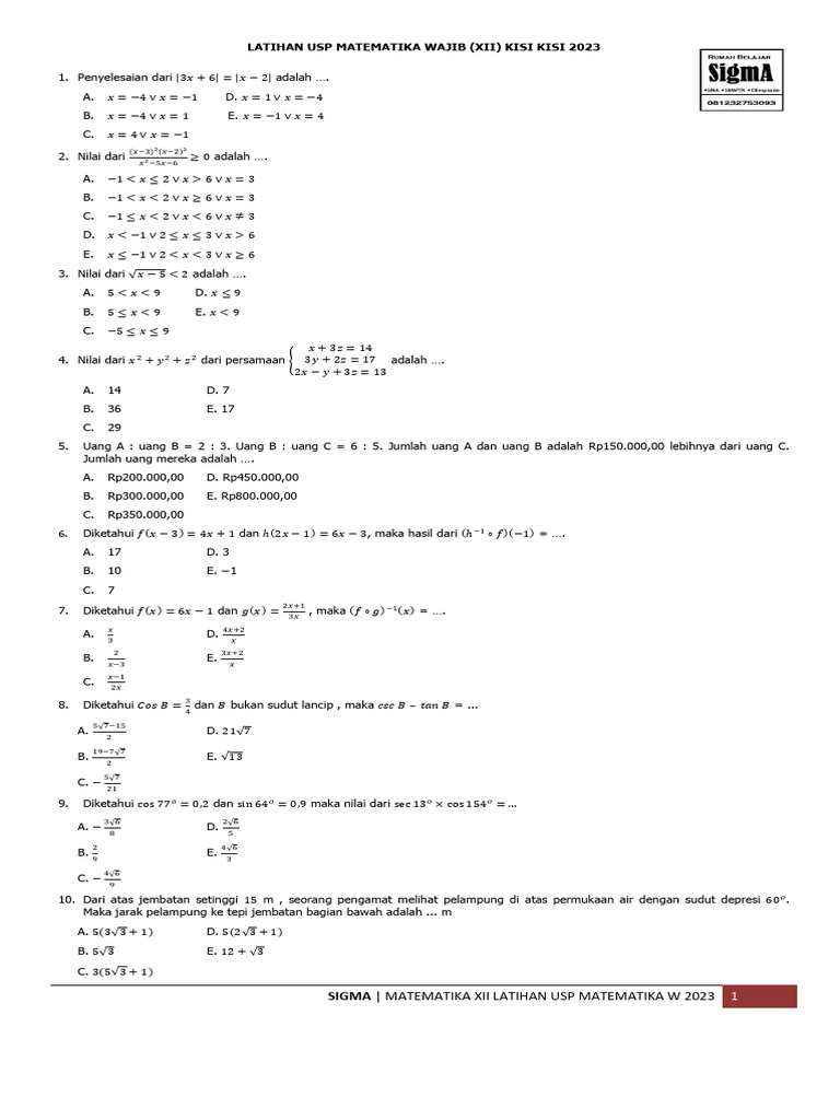 Latihan Usp Matematika W Sinlui 2023 (Kisi Kisi 2023) | PDF