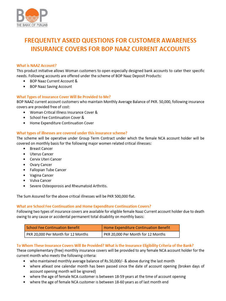 BOP Naaz Account Insurance FAQs | PDF | Insurance | Uterus