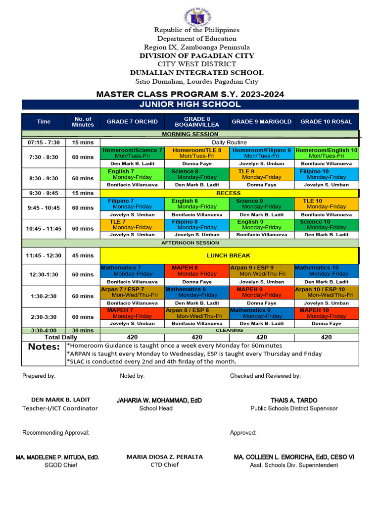 Master Class Program and Class Program JHS 2023 2024 | PDF ...