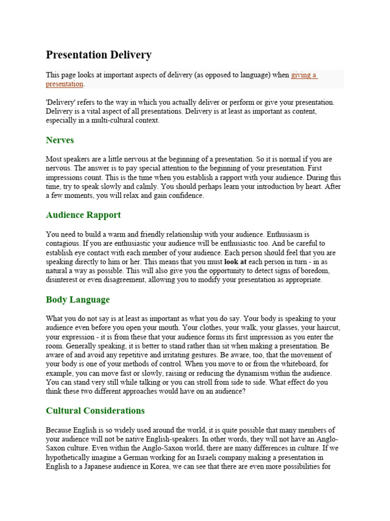 Presentation Delivery | PDF | Body Language | English Language