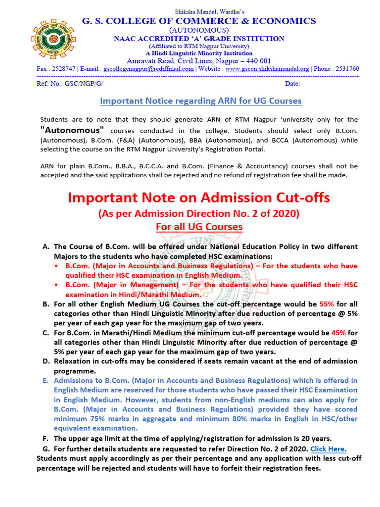 Important Note On Admission Cut-Offs: (As Per Admission Direction No. 2 ...