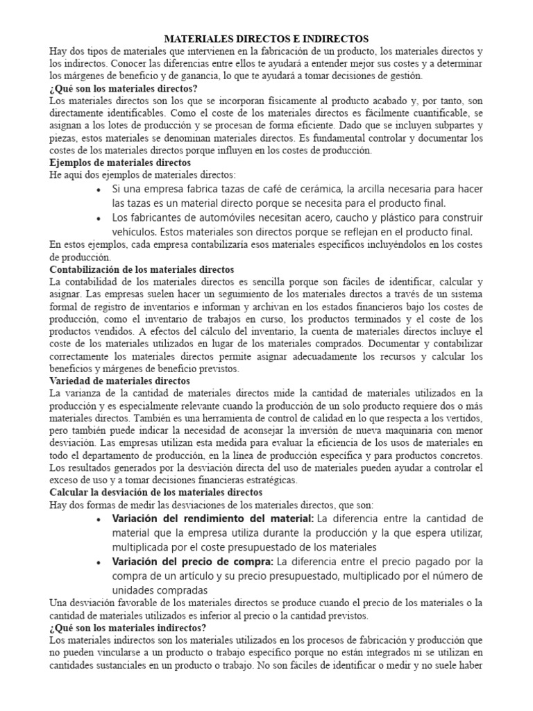 Materiales Directos vs Indirectos | PDF | Negocios | Tecnología