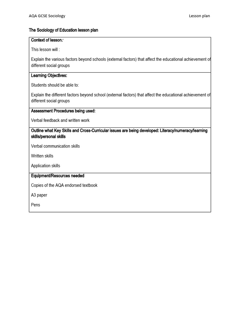 GCSE Sociology Lesson Plan 4 Education | PDF | Lesson Plan | Sociology