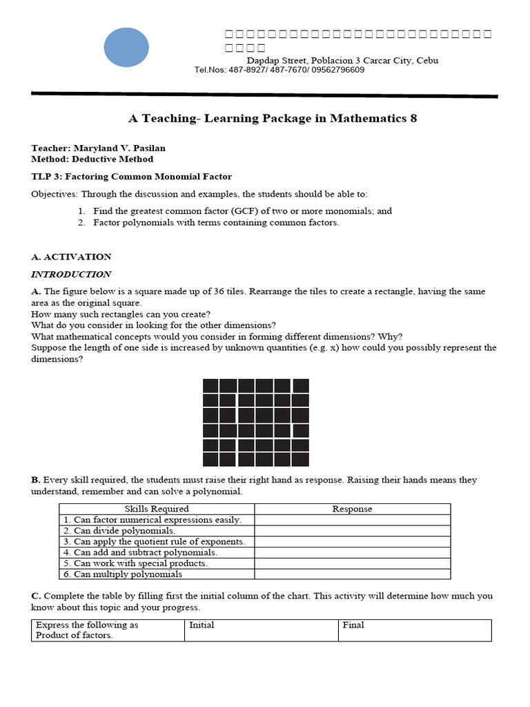 Tlp 3 Factoring Common Monomial Factor Pdf Factorization Polynomial