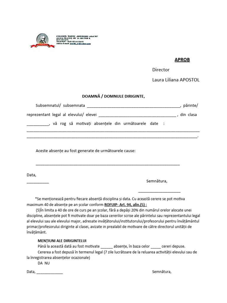 Cerere Motivare Absente | PDF