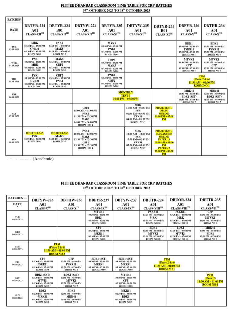 FIITJEE Dhanbad CRP Timetable 2023 | PDF