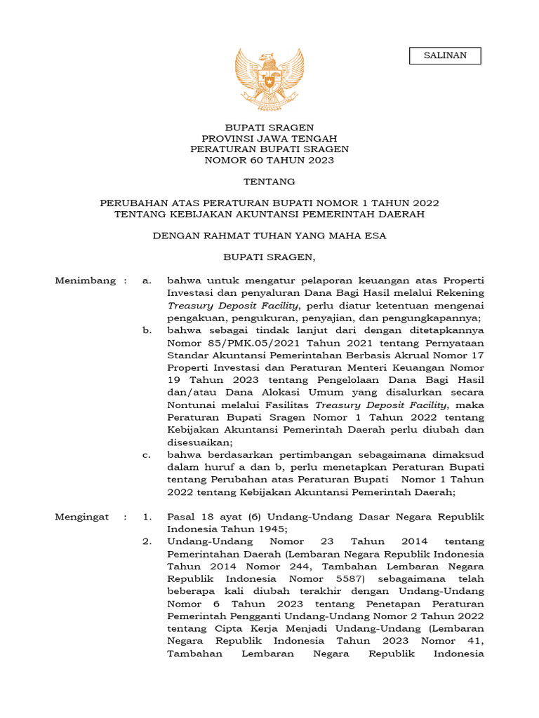 Perbup No 60 THN 2023 Tentang Perubahan Atas Peraturan Bupati Nomor 1 Tahun 2022 Tentang ...