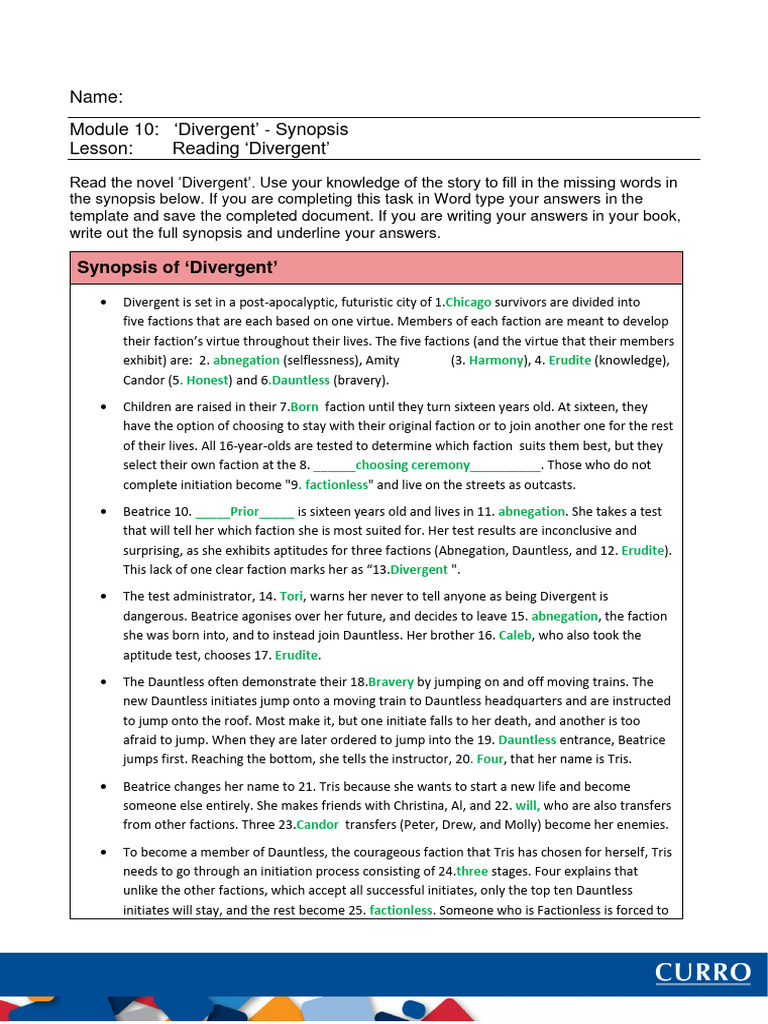 Divergent' - Synopsis Template - On Template | PDF | Divergent (Novel)