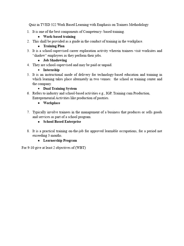 Quiz in TVED 322 Work Based Learning With Emphasis On Trainers Methodology | PDF | Finance ...