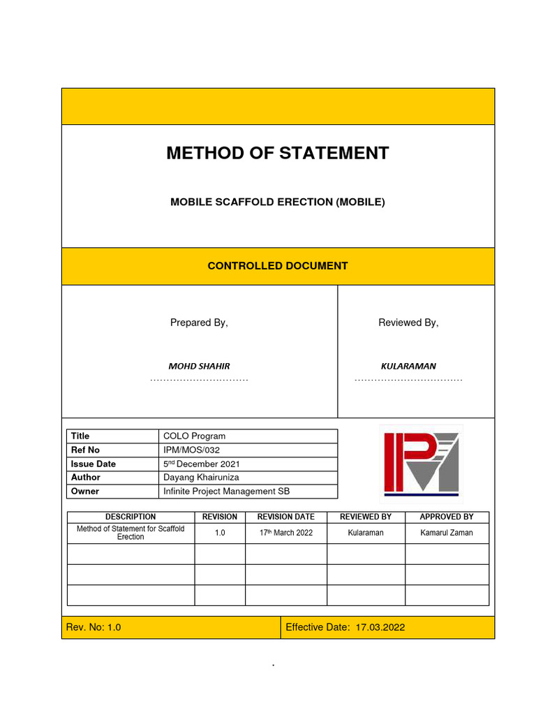 Mobile Scaffolding Method Statement | PDF | Scaffolding | Personal ...