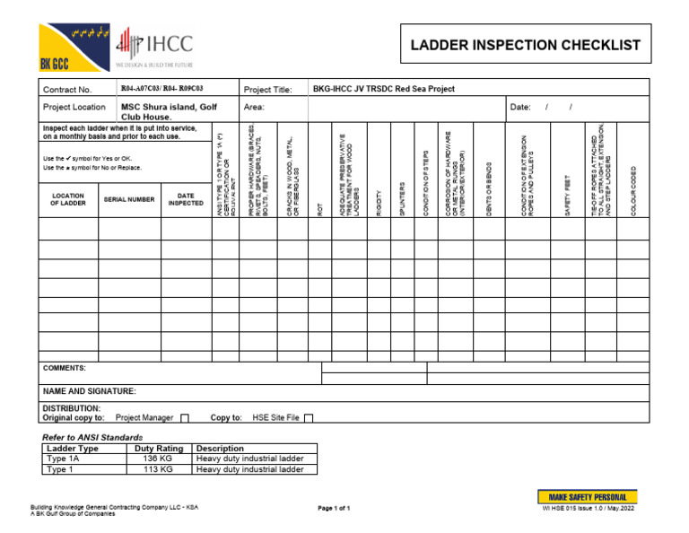 WI HSE 015 (Ladder Inspection Checklist) Issue 1.0 | PDF | Ladder