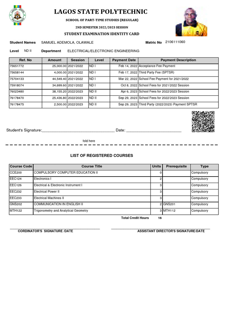 Lagos State Polytechnic: Student Examination Identity Card | PDF