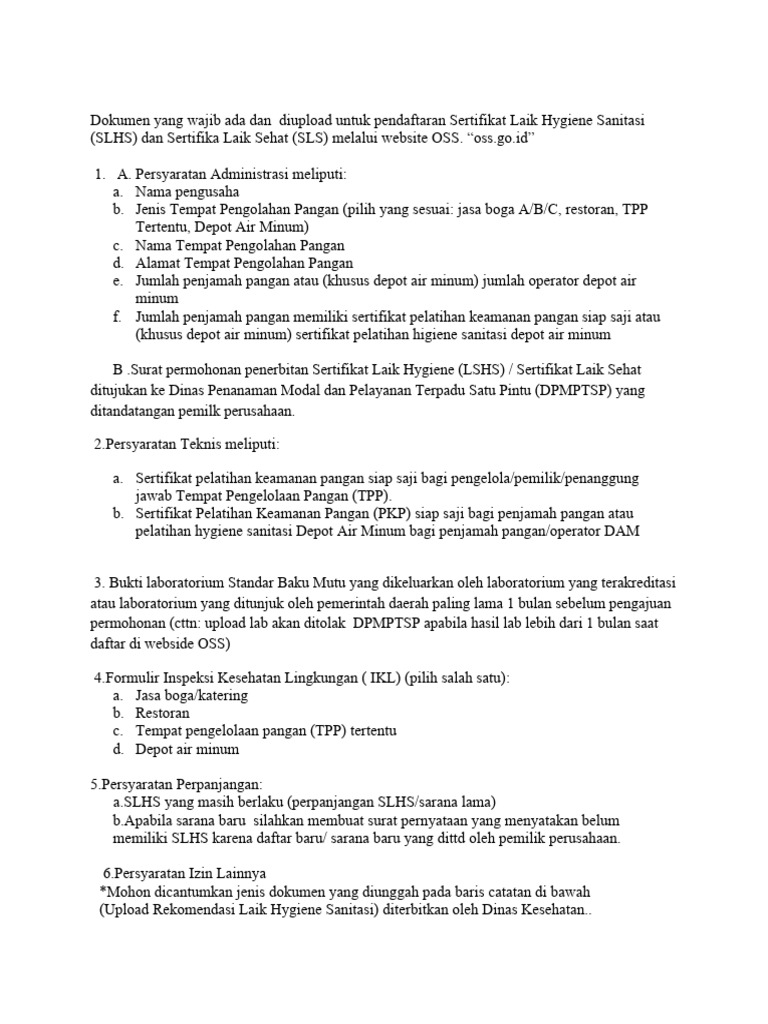 Persyaratan Pengajuan Sertifikat SLHS | PDF