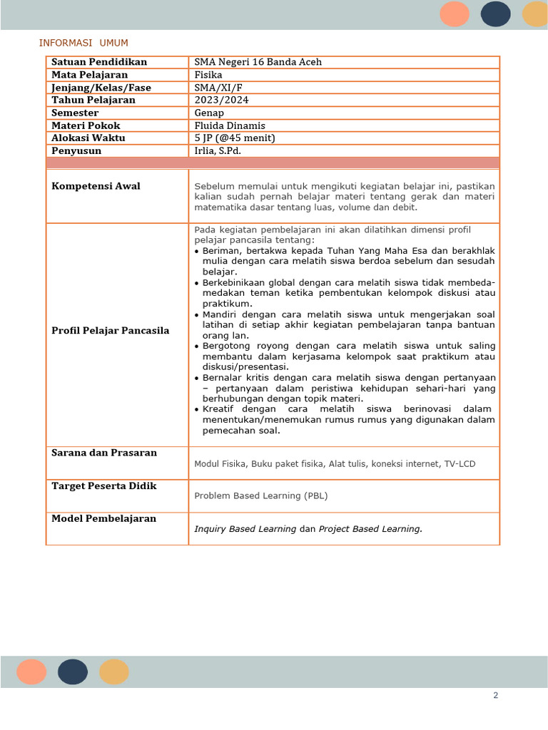 Modul Ajar Fisika Materi Fluida Dinamis | PDF