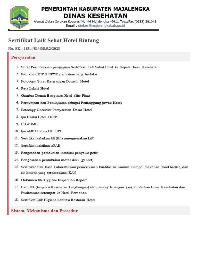 Unduh Standar Pelayanan - Sertifikat Laik Sehat Hotel Bintang | PDF