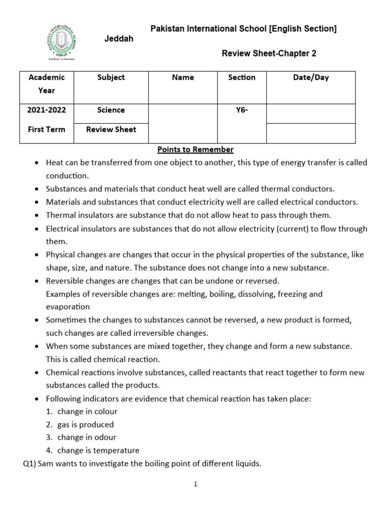 Y6-Review Sheet-Chapter 2 (21-22) | PDF | Chemical Substances | Thermal Conduction