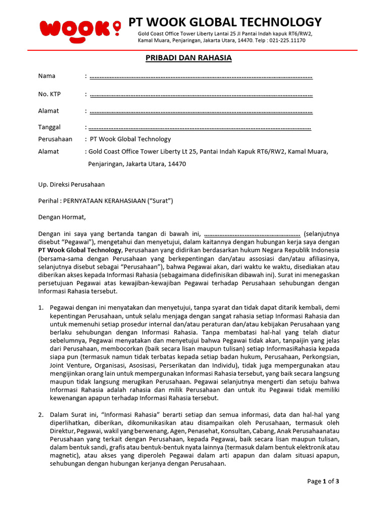 Surat Pernyataan Kerahasiaan PT Wook Global Technology | PDF | Bisnis ...
