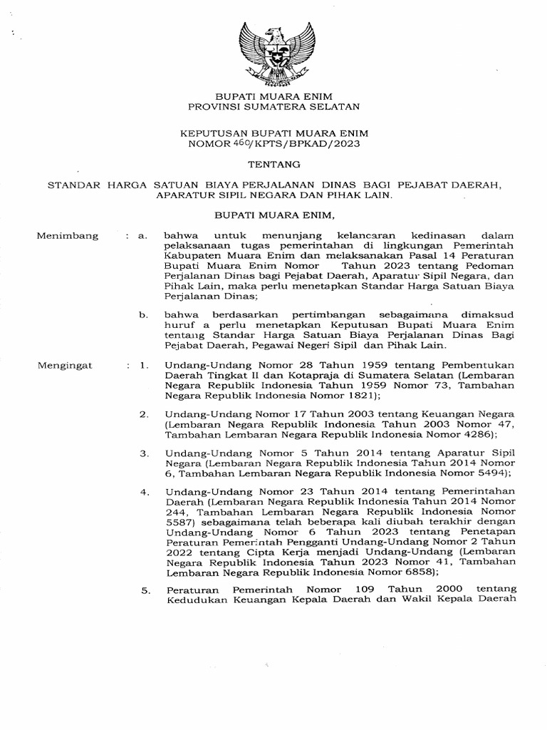 Keputusan Bupati Muara Enim TTG Standar Harga Satuan Biaya Perjadin Bagi Pejabat Daerah Dan ASN ...