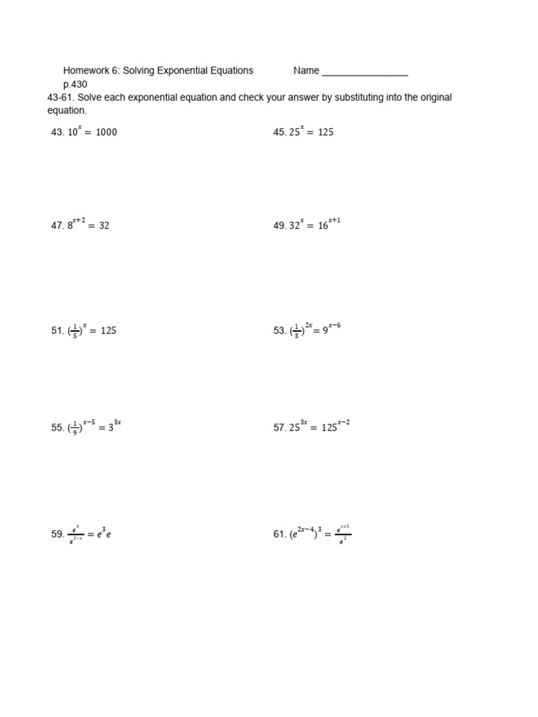 Homework 6 Solving Exponential Equations | PDF | Mathematics ...