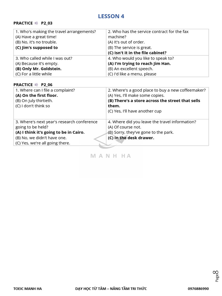 TOEIC Practice Questions Lesson 4 | PDF