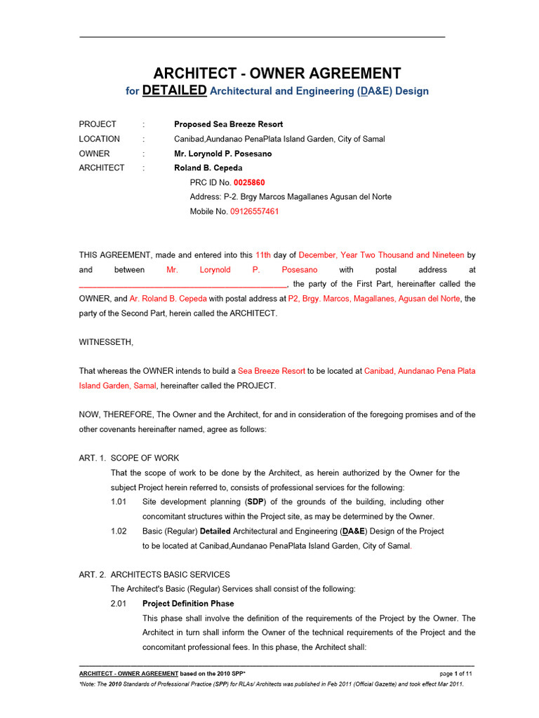 Architect Owner Agreement | PDF