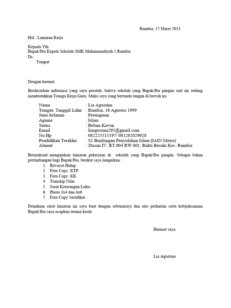 Surat Lamaran Lia Agustina | PDF