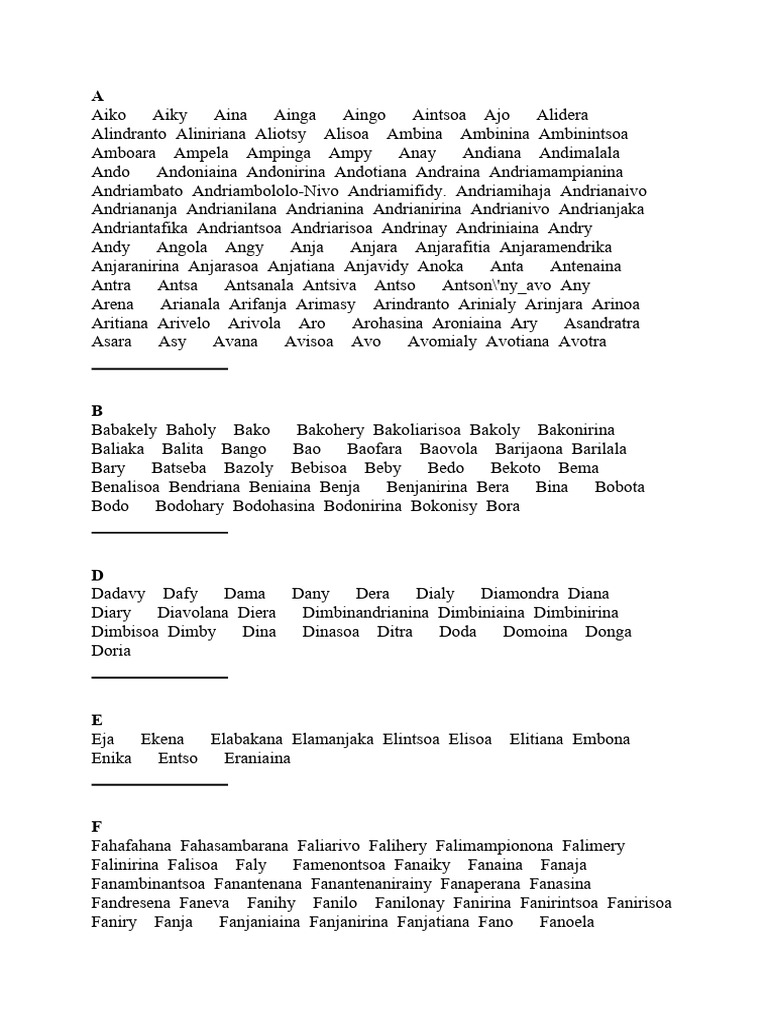 Malagasy Names List A-Z | PDF | Lifestyle