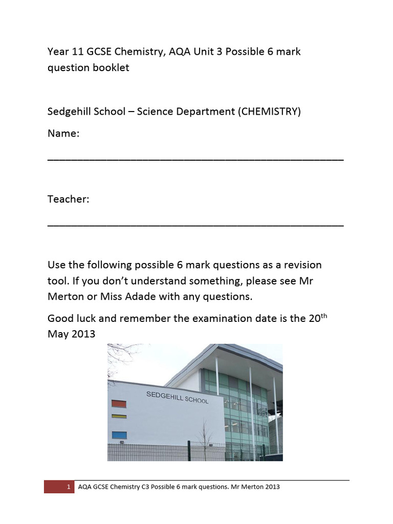 AQA C3 Possible 6 Mark Questions | PDF | Periodic Table | Chemical ...