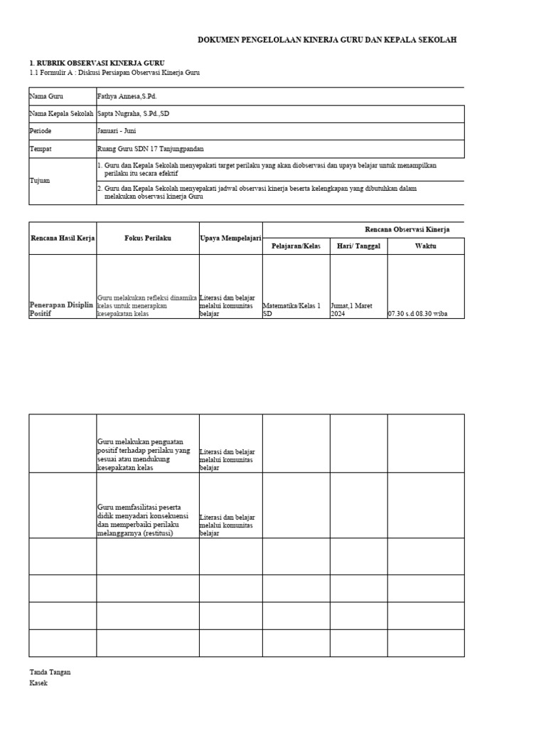 Contoh Isi Form Observasi A, B, C Dan D SDN 17 TP | PDF