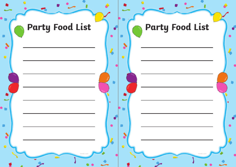 Birthday Party Food List Template | PDF