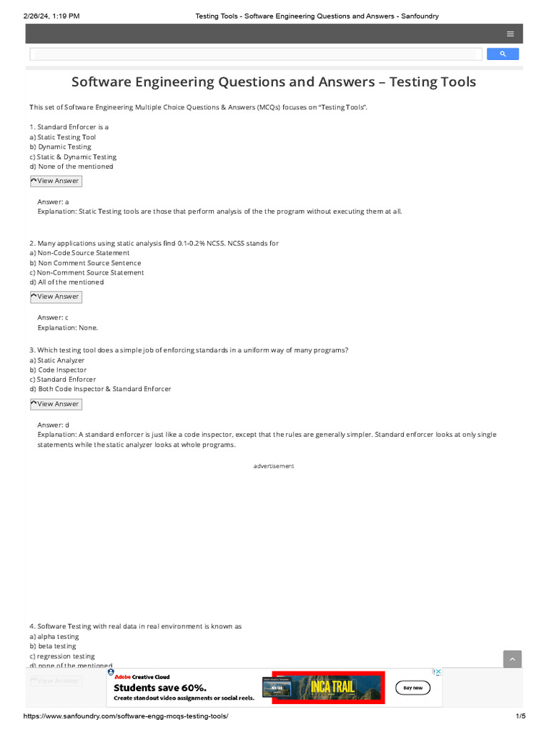 Testing Tools - Software Engineering Questions and Answers - Sanfoundry ...