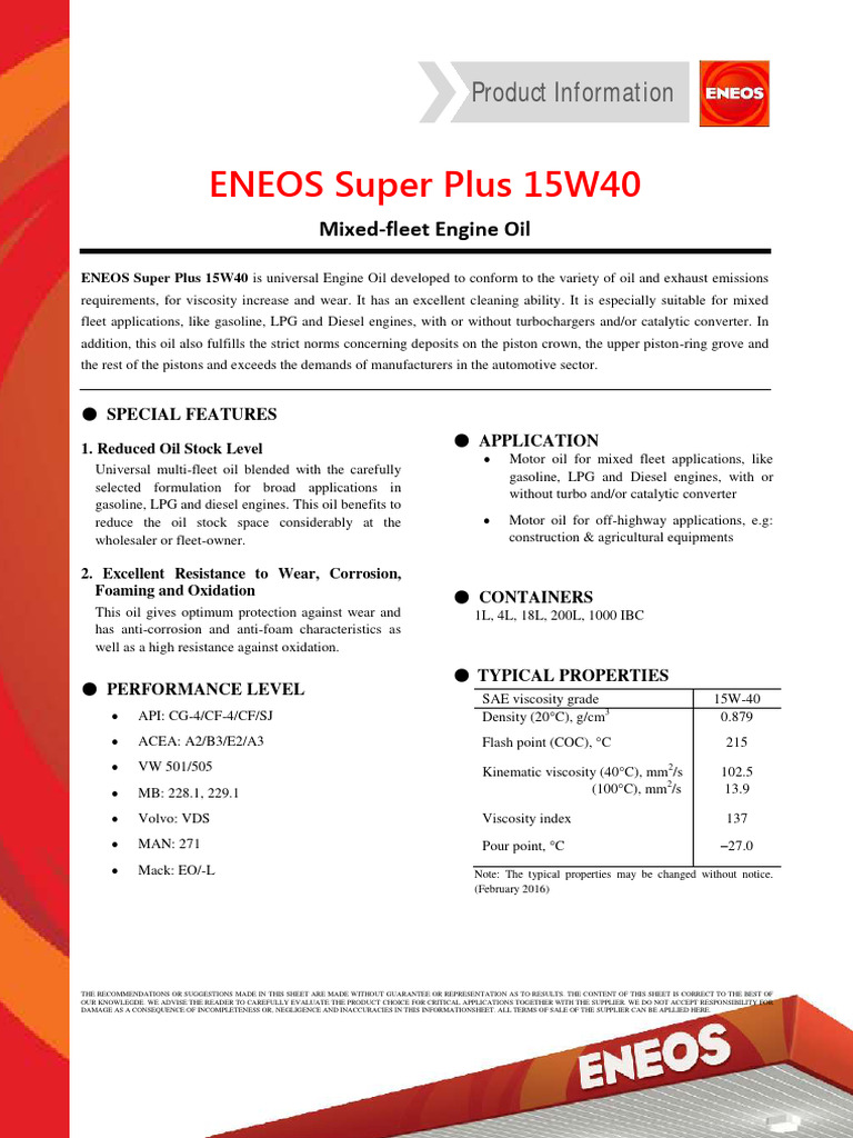 Eneos Super Plus 15W40 PDS | PDF | Motor Oil | Mechanical Engineering