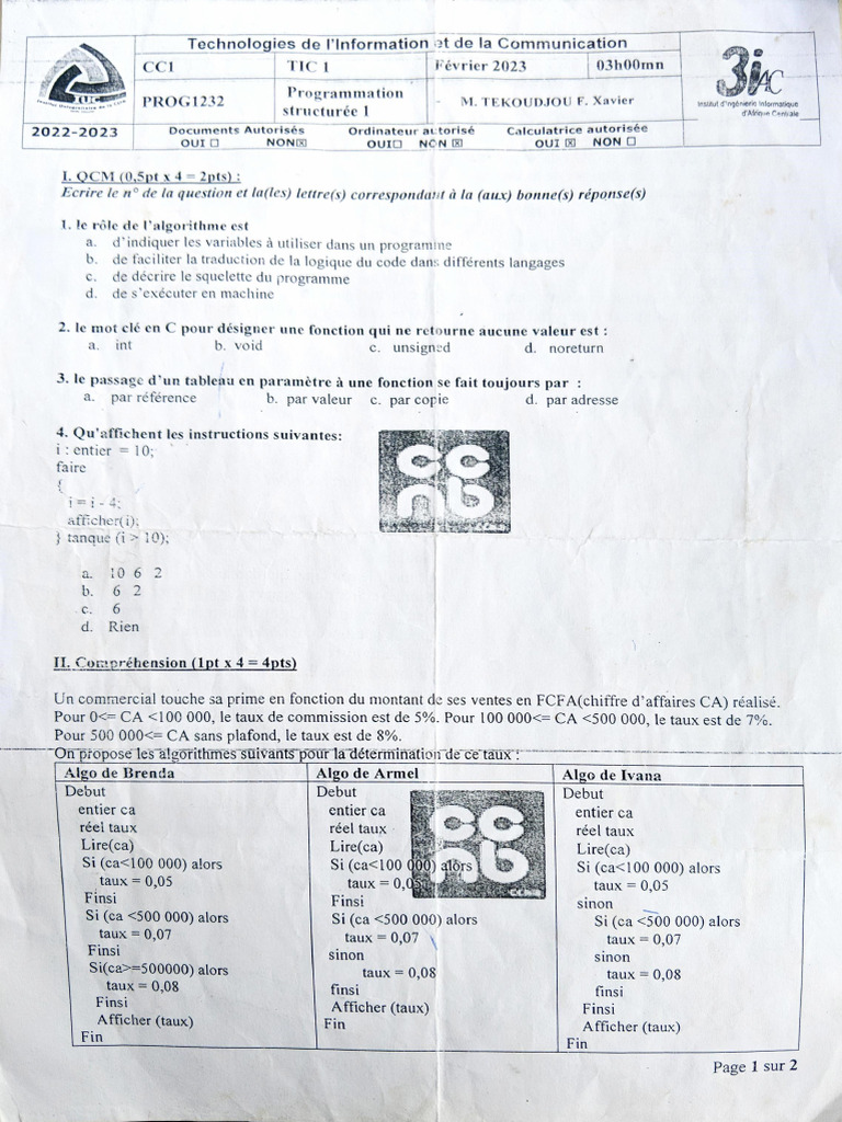 Fiche de Programmation 1 | PDF